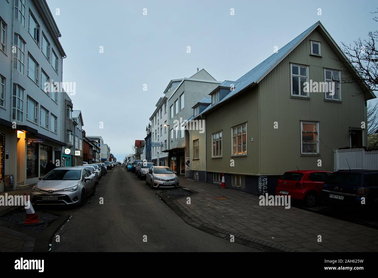 Western Reykjavík wide-angle street scenes in the dusk of winter Stock ...