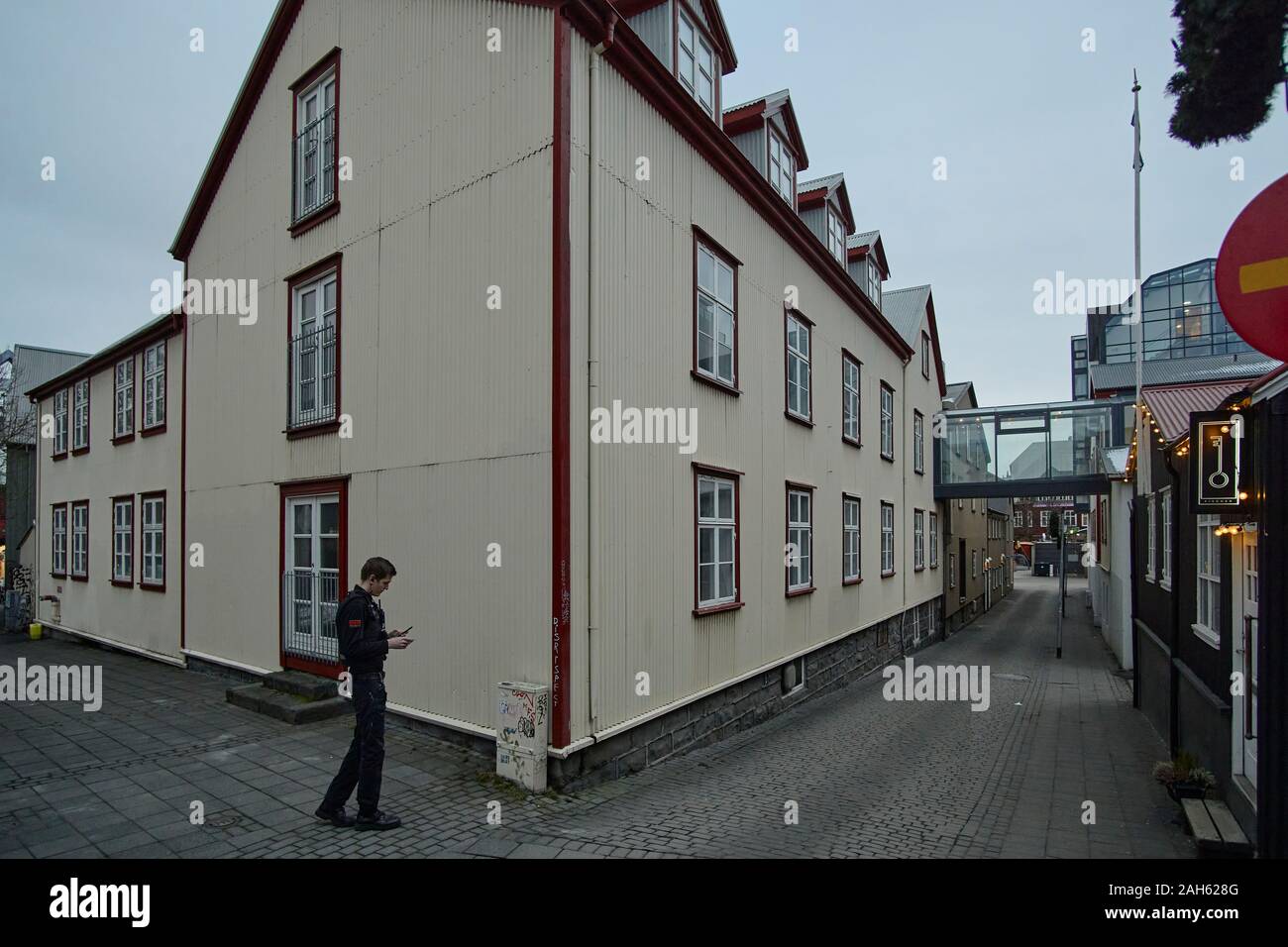 Western Reykjavík wide-angle street scenes in the dusk of winter Stock ...