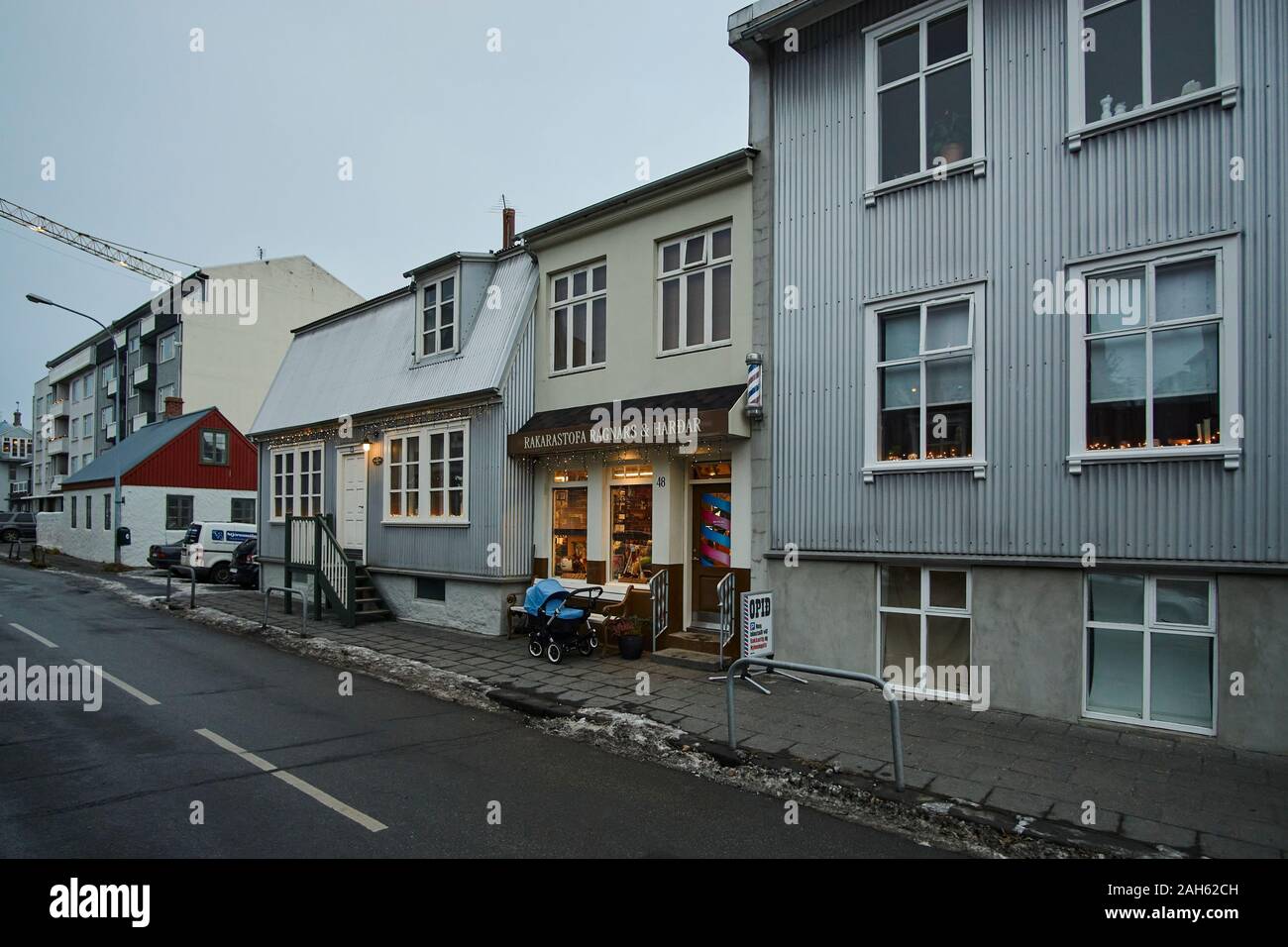 Western Reykjavík wide-angle street scenes in the dusk of winter Stock ...