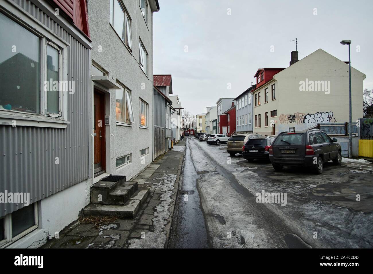 Western Reykjavík wide-angle street scenes in the dusk of winter Stock ...
