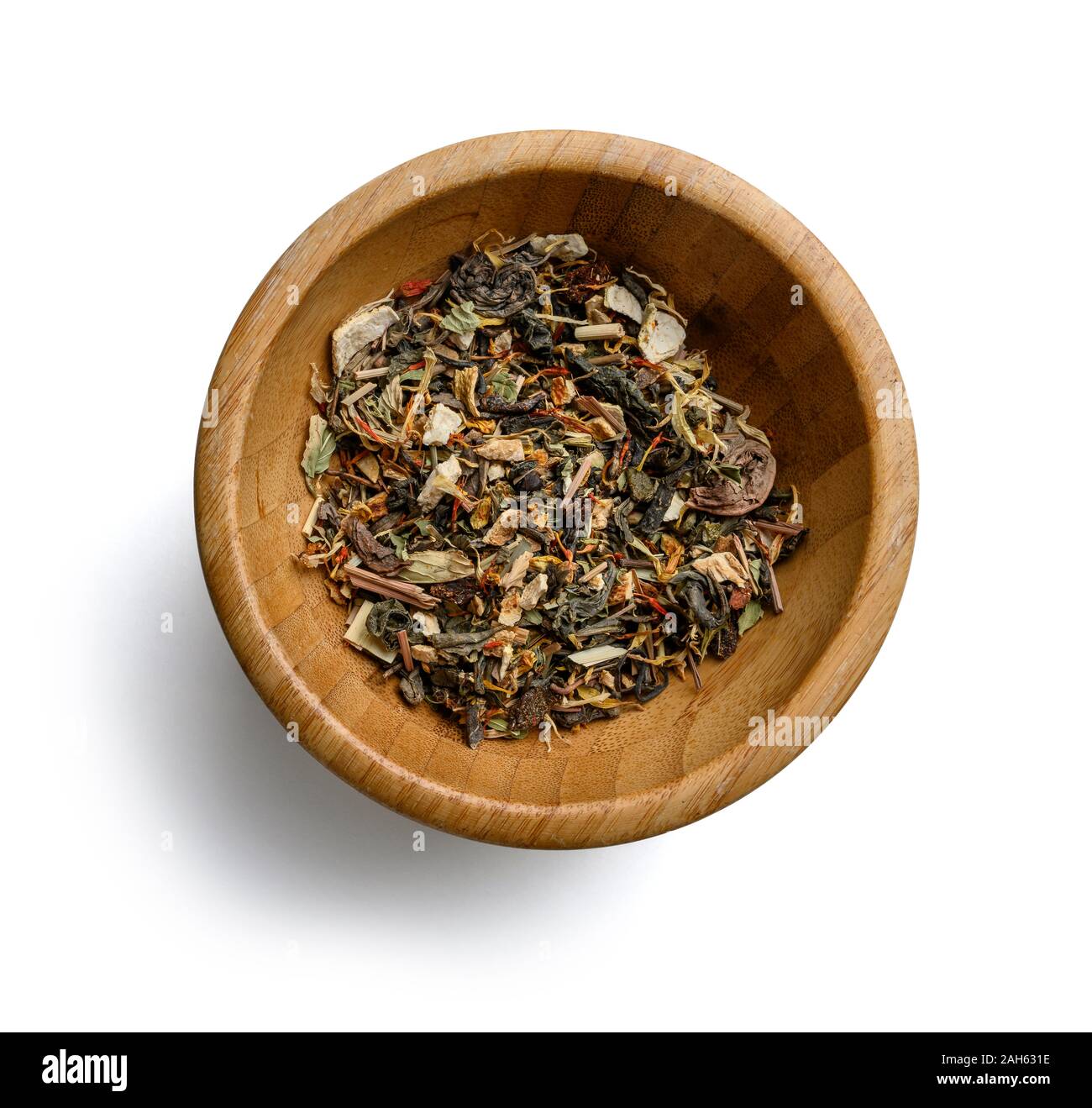 Green tea with aromatic additives. Top view on white background Stock ...