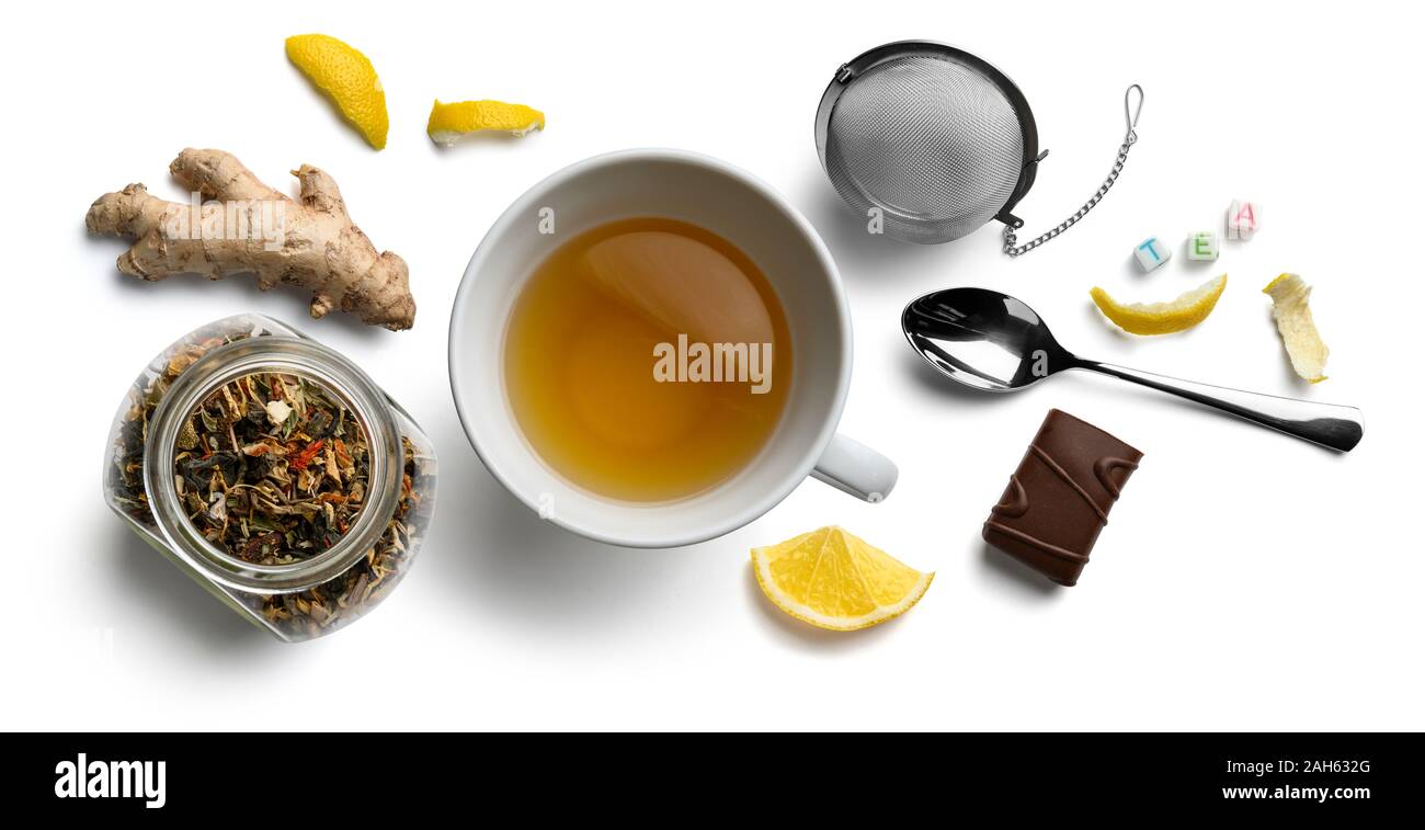 Green tea with natural aromatic additives and accessories. Top view on ...
