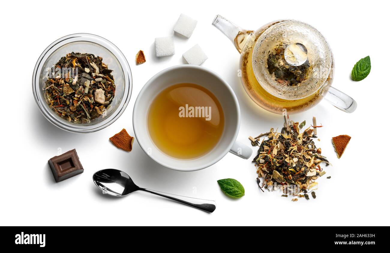 Green tea with natural aromatic additives and accessories. Top view on ...