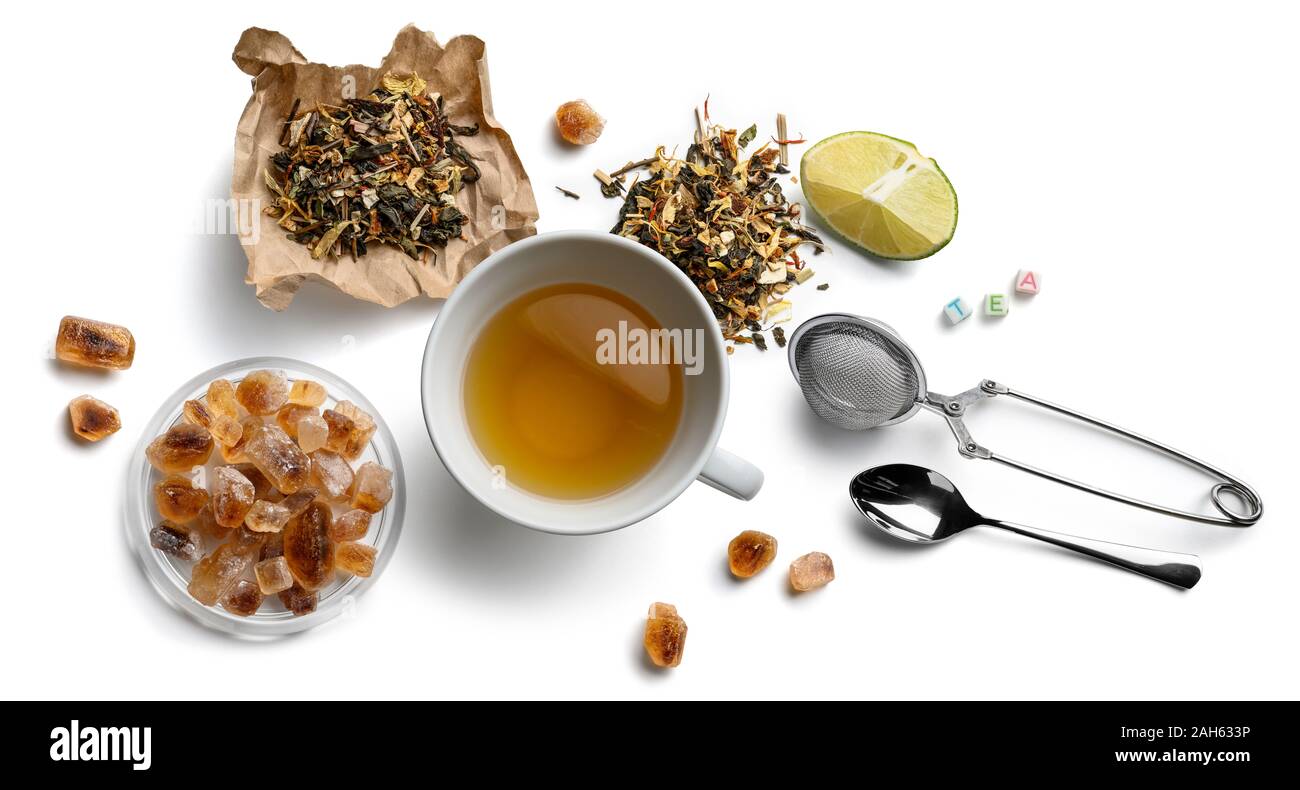 Green tea with natural aromatic additives and accessories. Top view on ...
