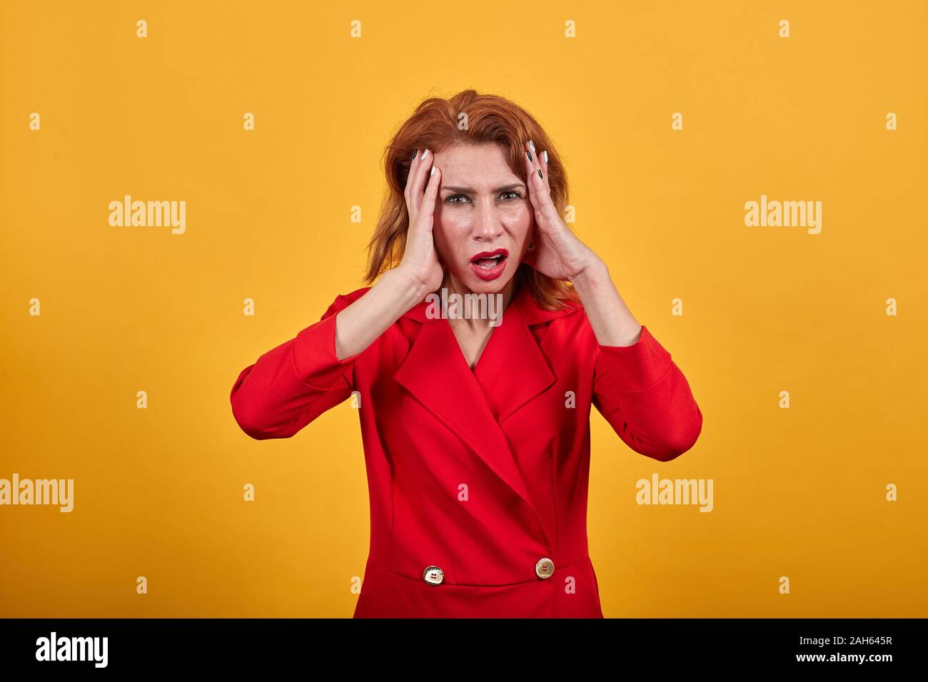 Confused woman keeping hand on head, having headache, screaming Stock ...