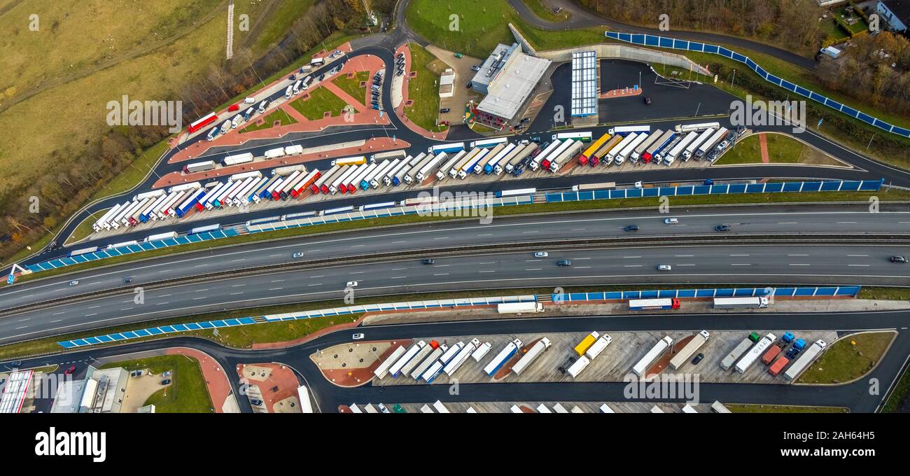 Aerial photograph, Autobahn A45, highway rest area Sauerland West, rest ...