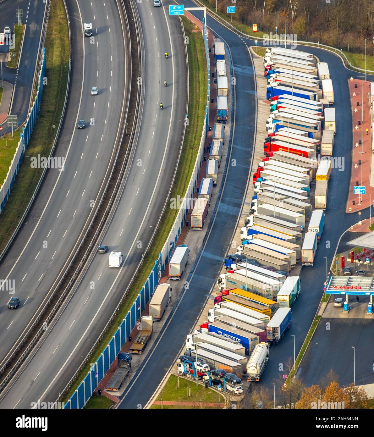 Aerial photograph, Autobahn A45, Parking Trucks, Rest and Service Area ...