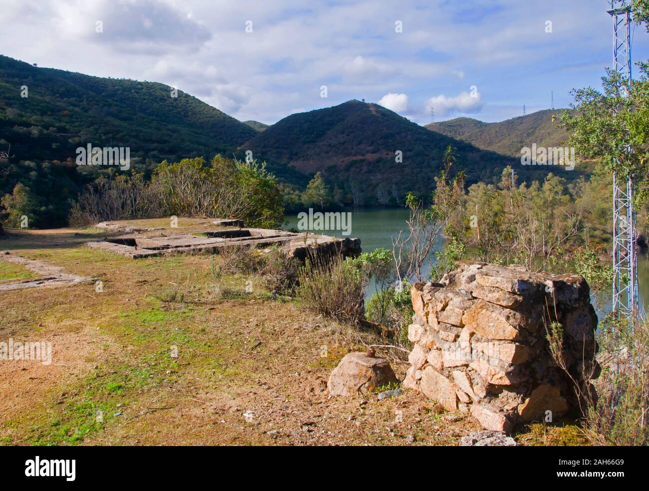 Small observation deck with the remains of stone buildings. Big lake ...