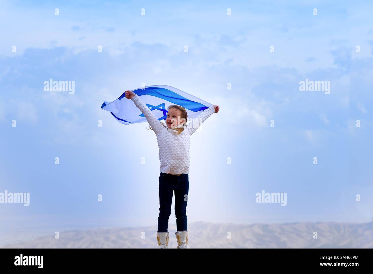 Little patriot jewish girl standing and enjoying with the flag of ...