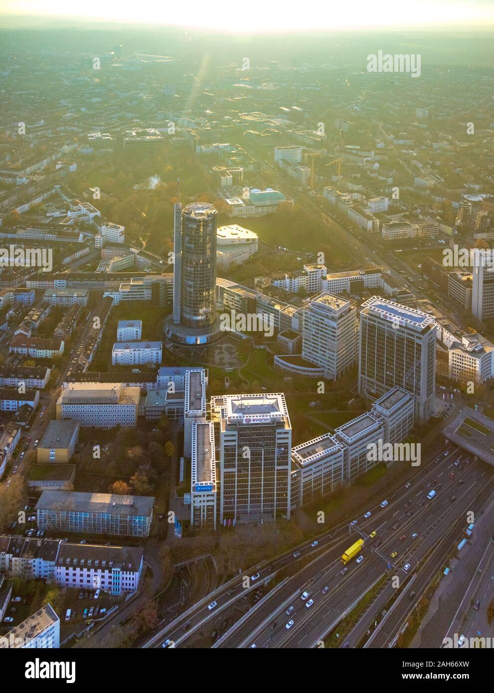 Aerial photo, inner city view Business district with RWE tower and ...