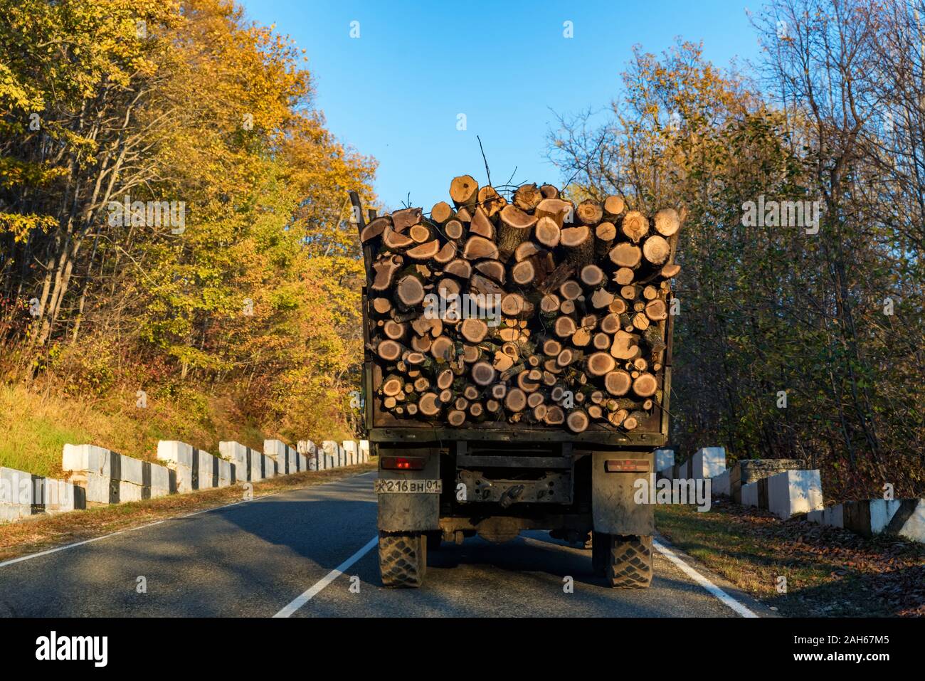 Back view of truck loaded with lumber on bright autumn road Stock Photo ...
