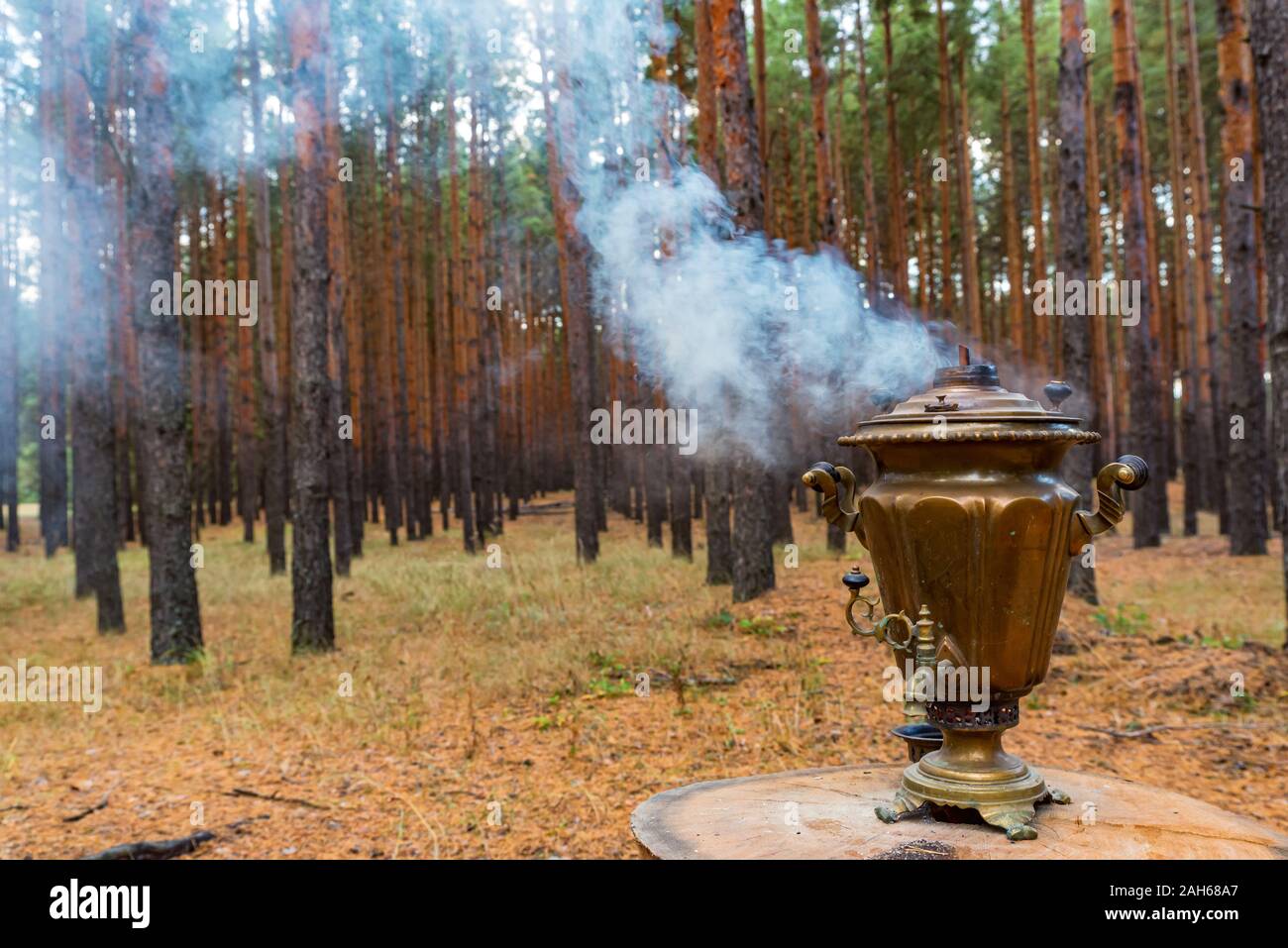 Traditional Russian samovar with steam coming out put outside in nature ...