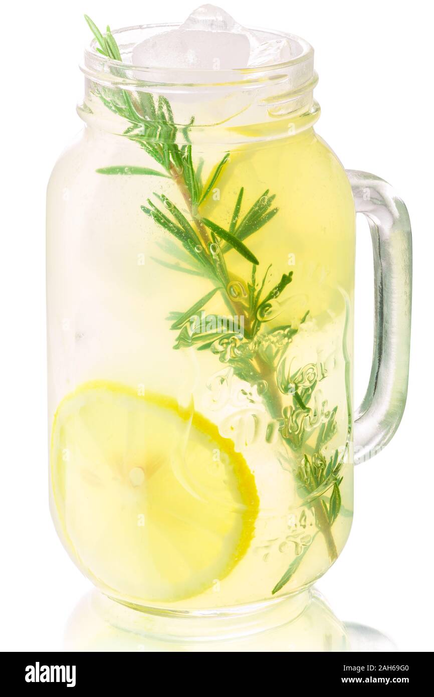 Rosemary lemonade or iced lemon drink in a mason jar, isolated Stock ...