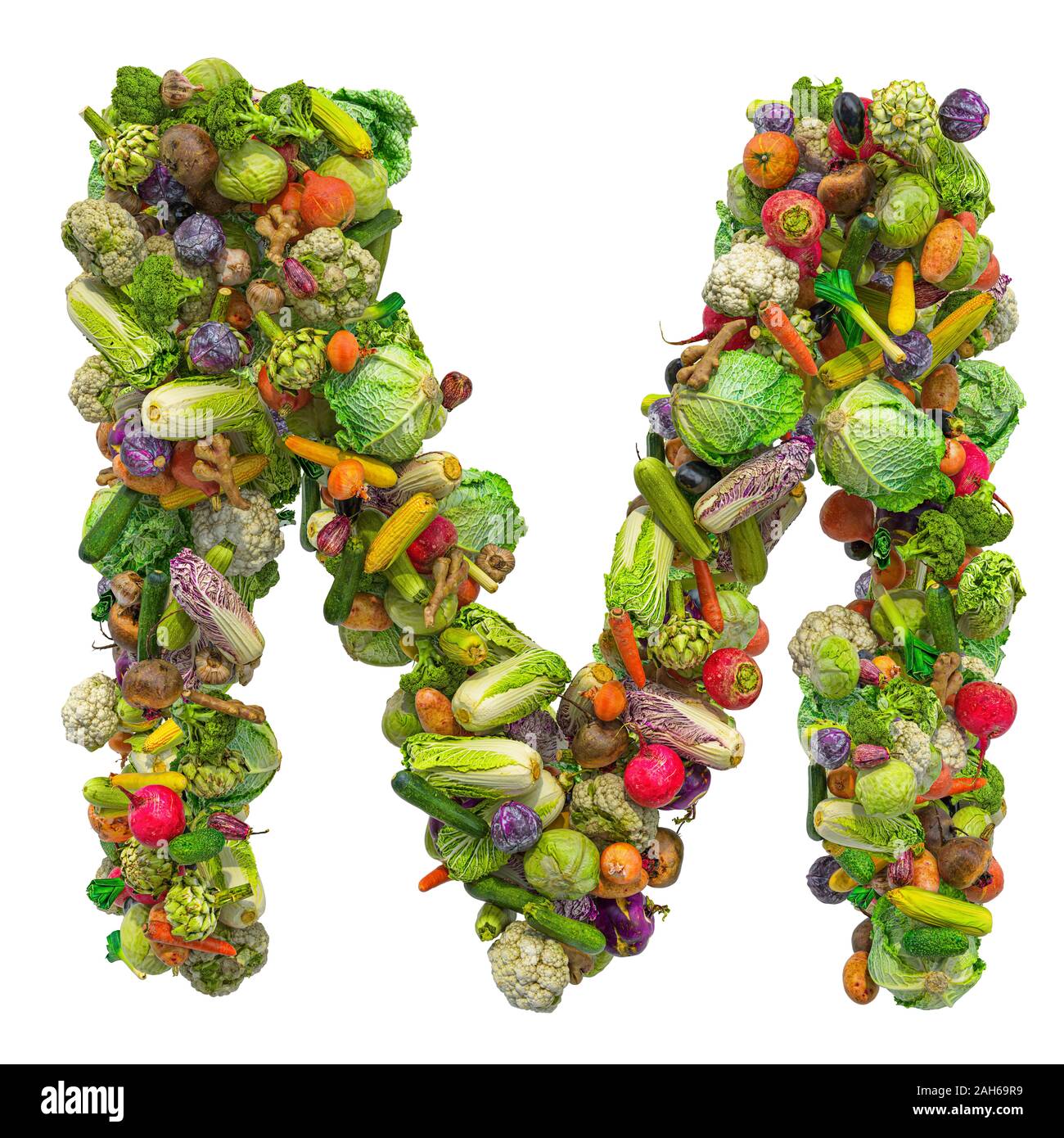 Letter M, vegetables font. 3D rendering isolated on white background ...