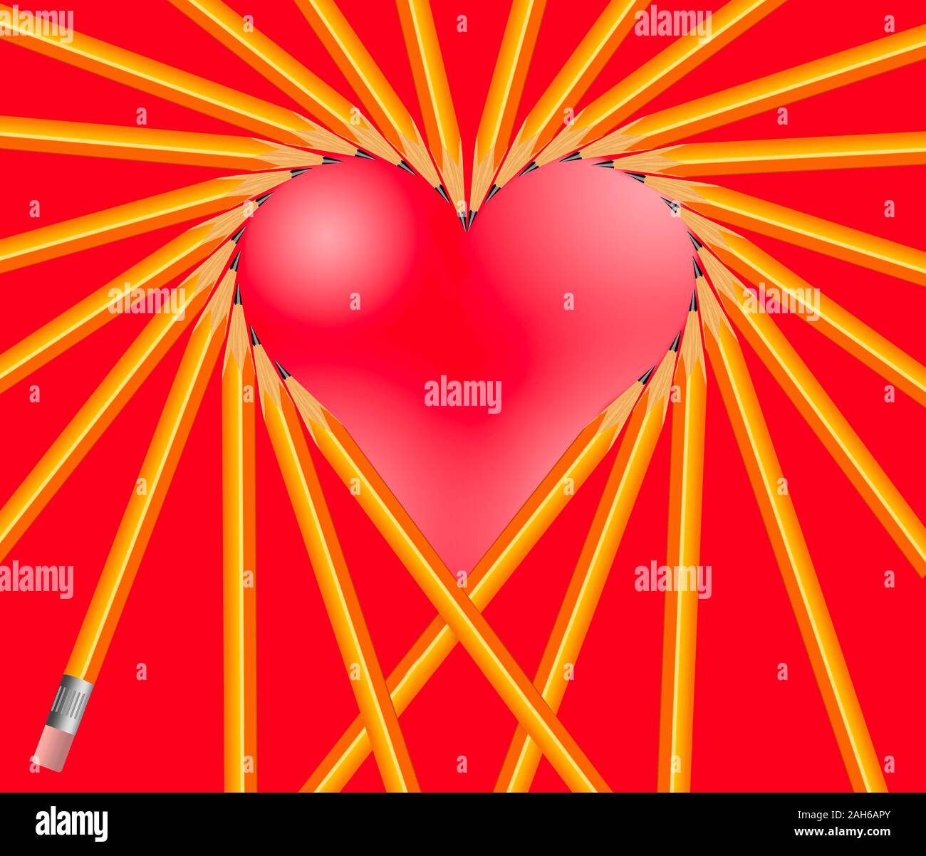 Pencils in many colors makes shapes of circles and hearts Stock Photo ...