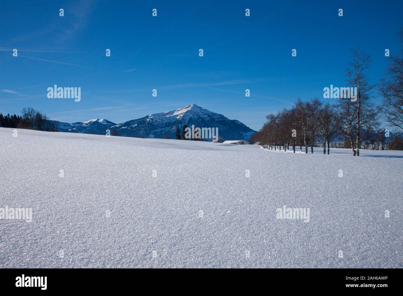 clear blue sky with snow in the mountains of Switzerland, Zugerberg ...