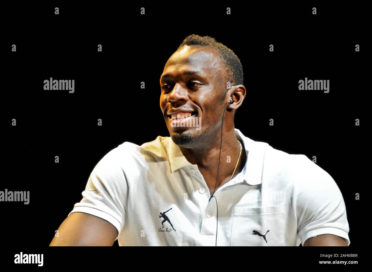 Jamaican athletics legend Usain Bolt during a public interview Stock ...