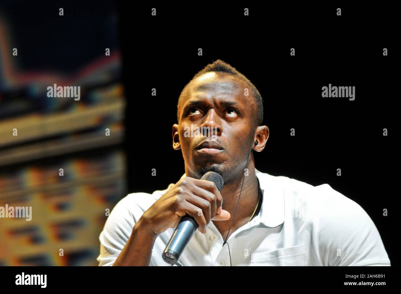 Jamaican athletics legend Usain Bolt during a public interview Stock ...