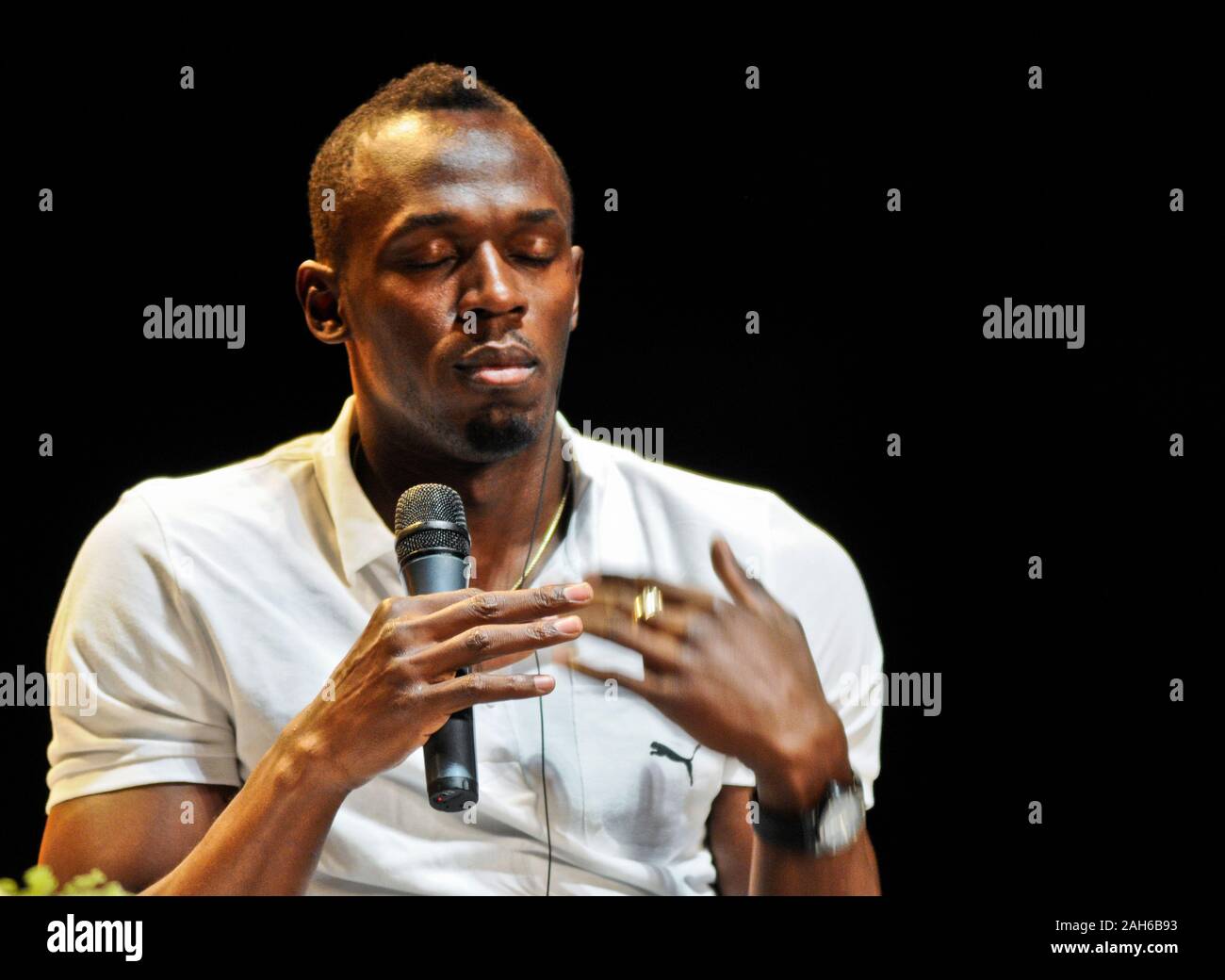 Jamaican athletics legend Usain Bolt during a public interview Stock ...