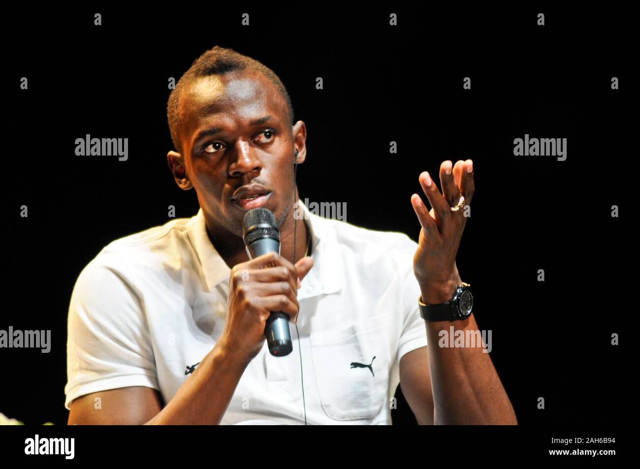 Jamaican athletics legend Usain Bolt during a public interview Stock ...