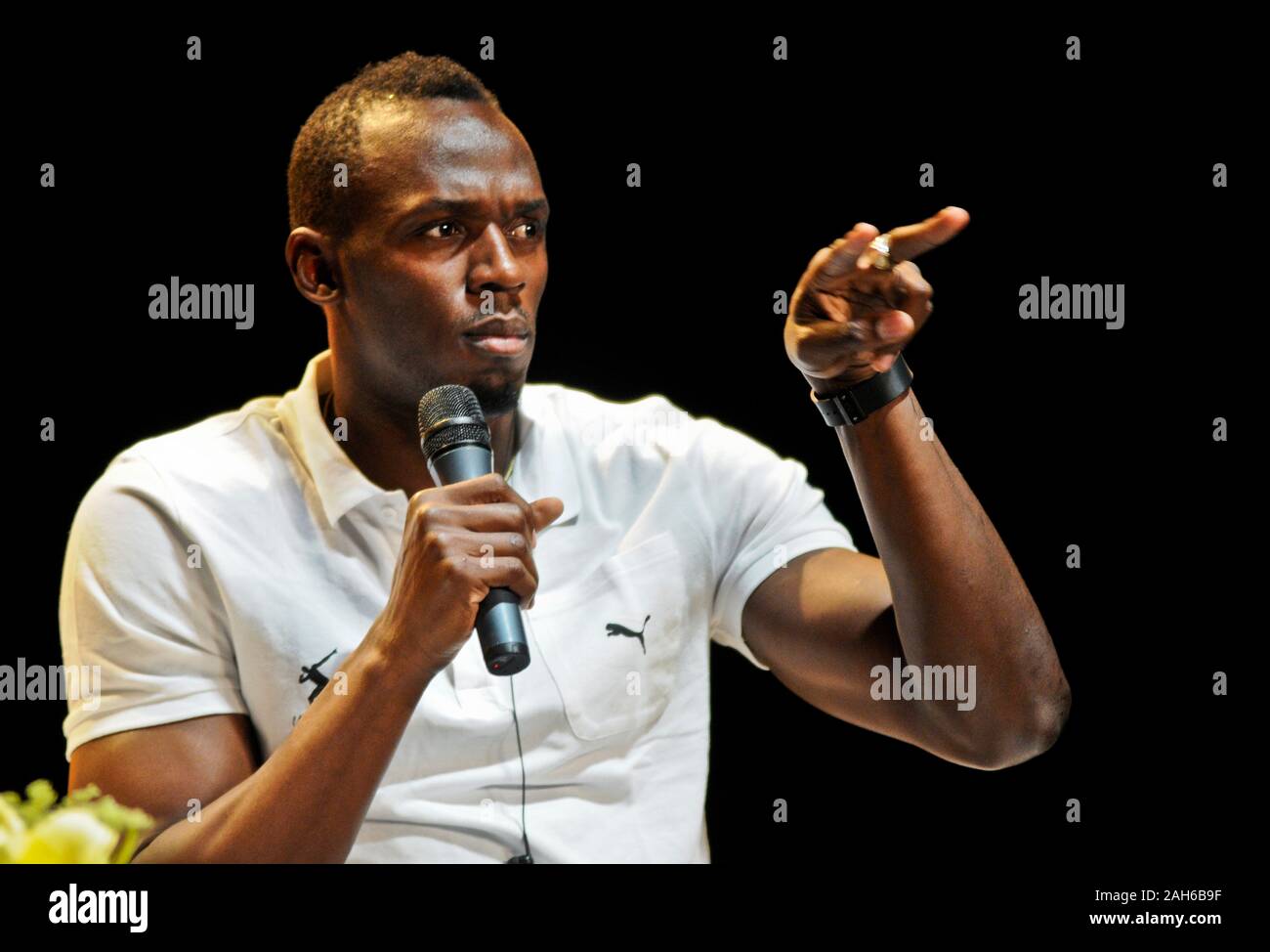 Jamaican athletics legend Usain Bolt during a public interview Stock ...