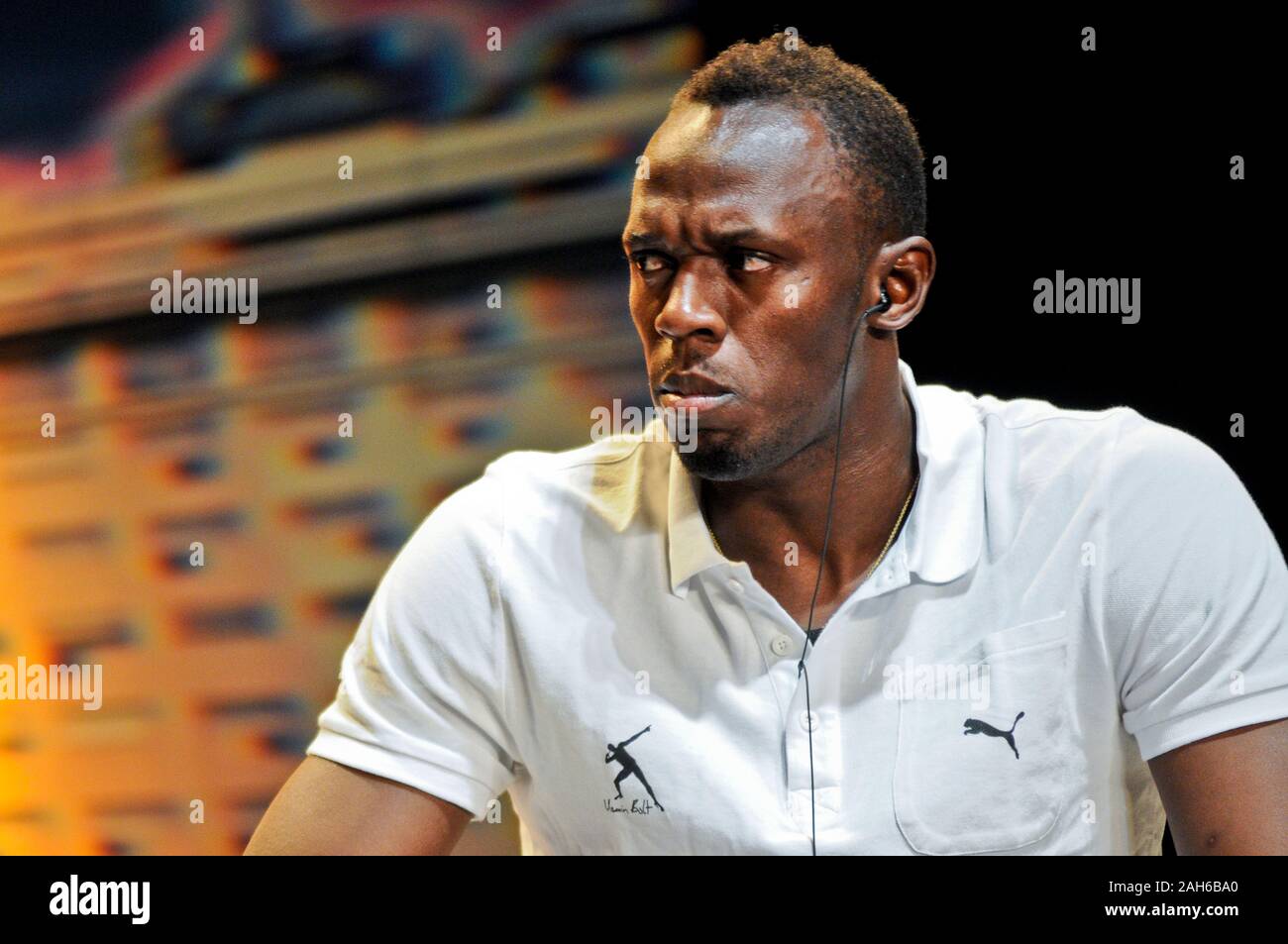 Jamaican athletics legend Usain Bolt during a public interview Stock ...