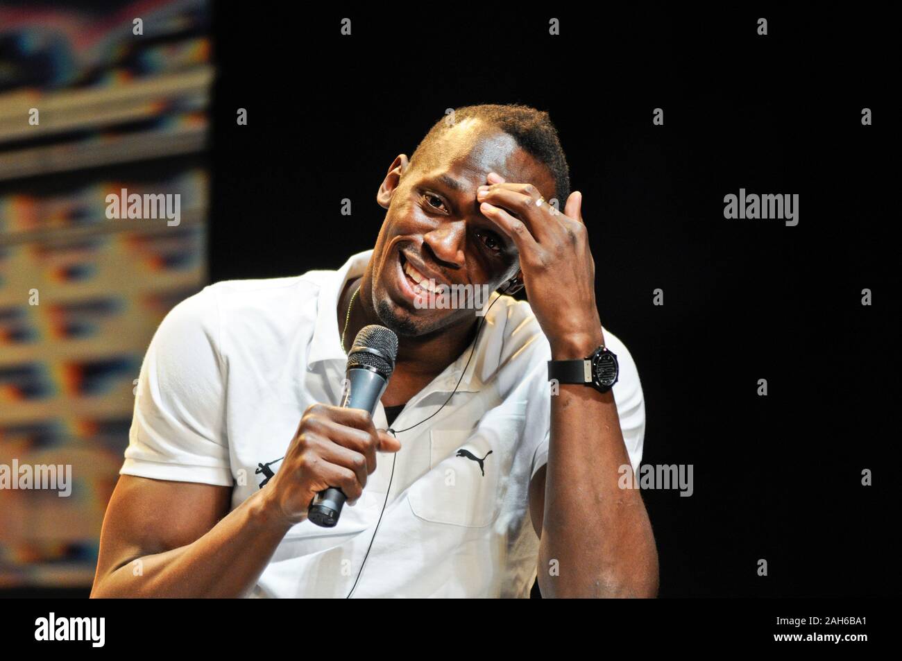 Jamaican athletics legend Usain Bolt during a public interview Stock ...