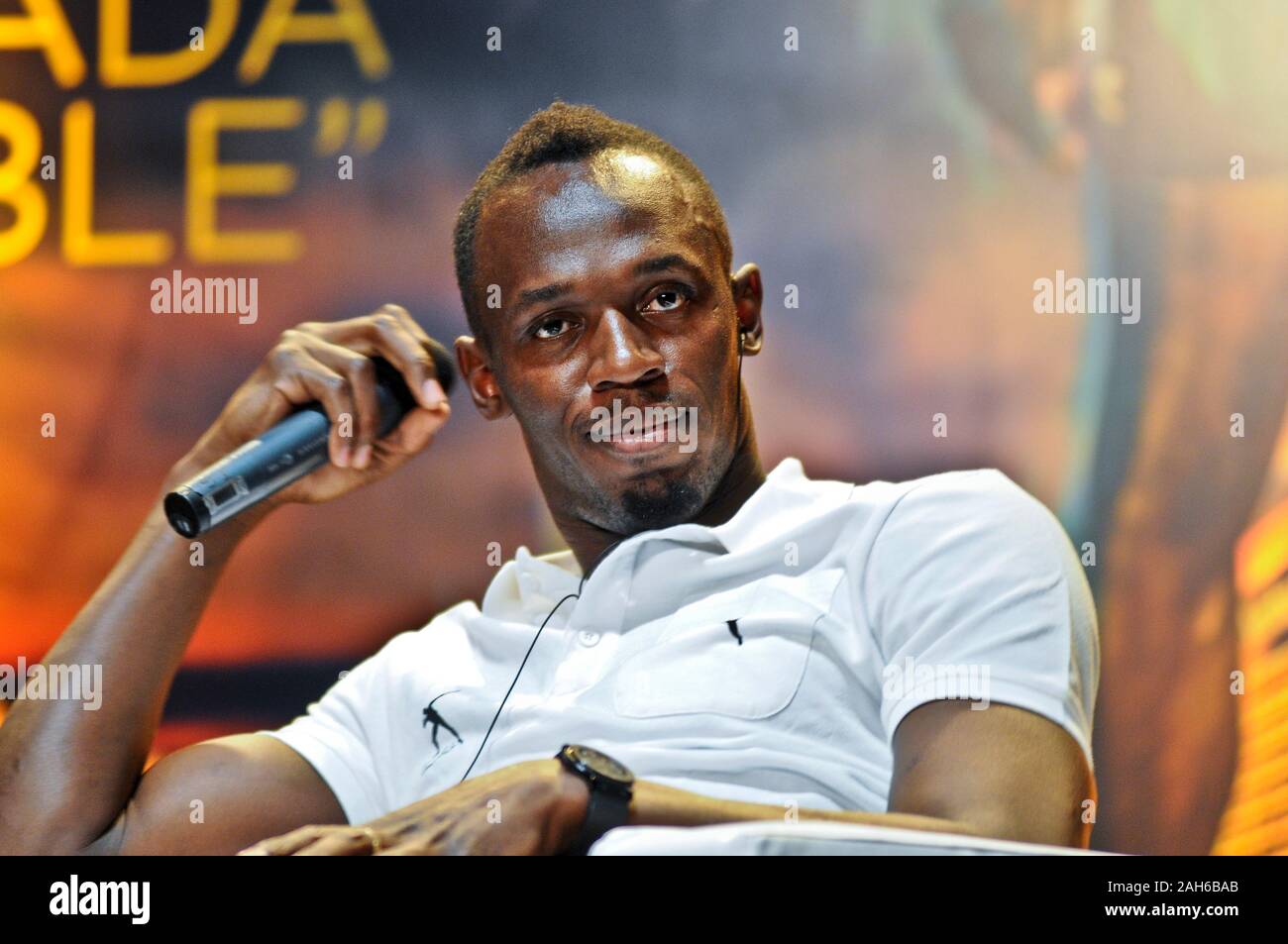 Jamaican athletics legend Usain Bolt during a public interview Stock ...
