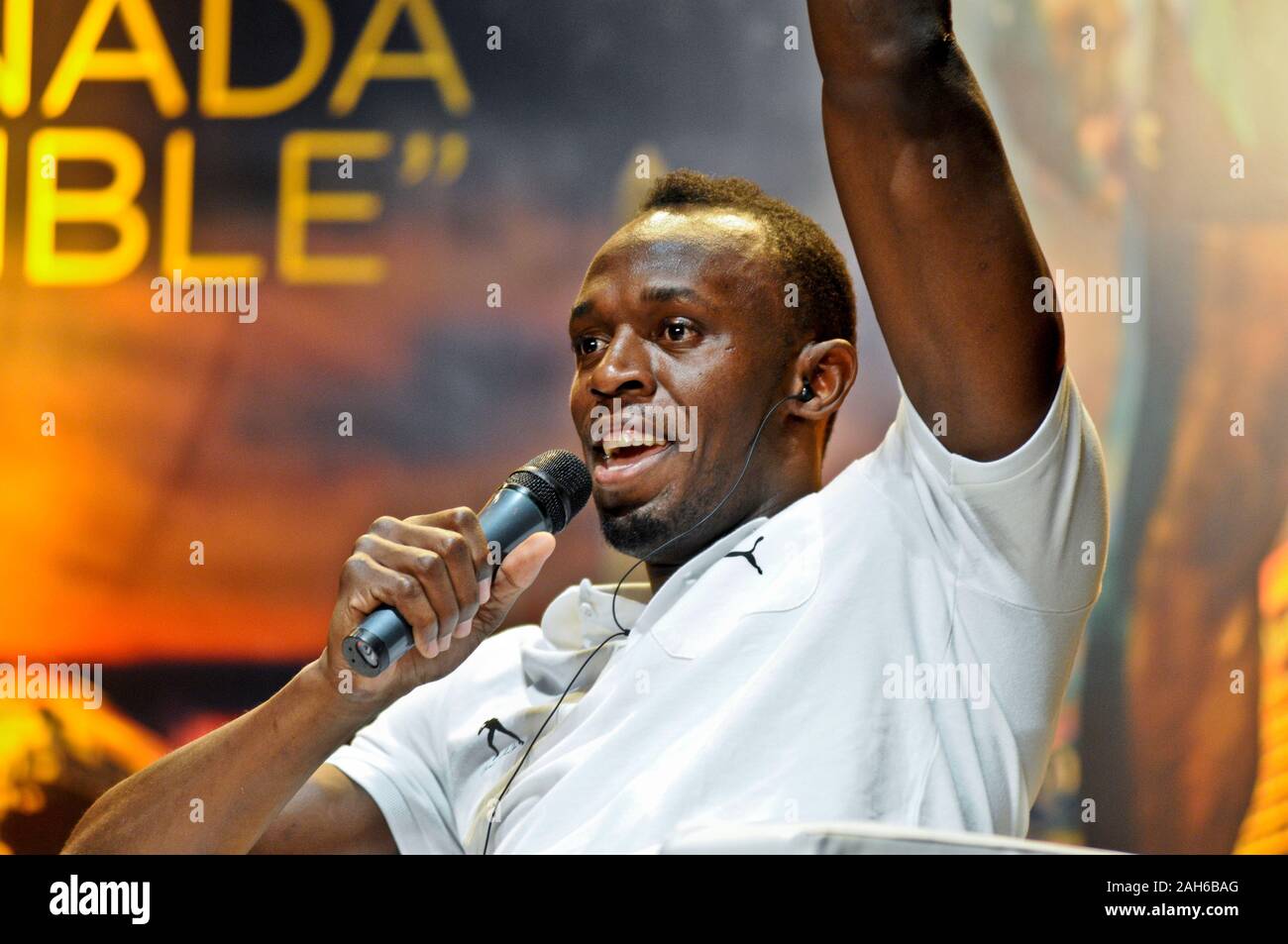 Jamaican athletics legend Usain Bolt during a public interview Stock ...