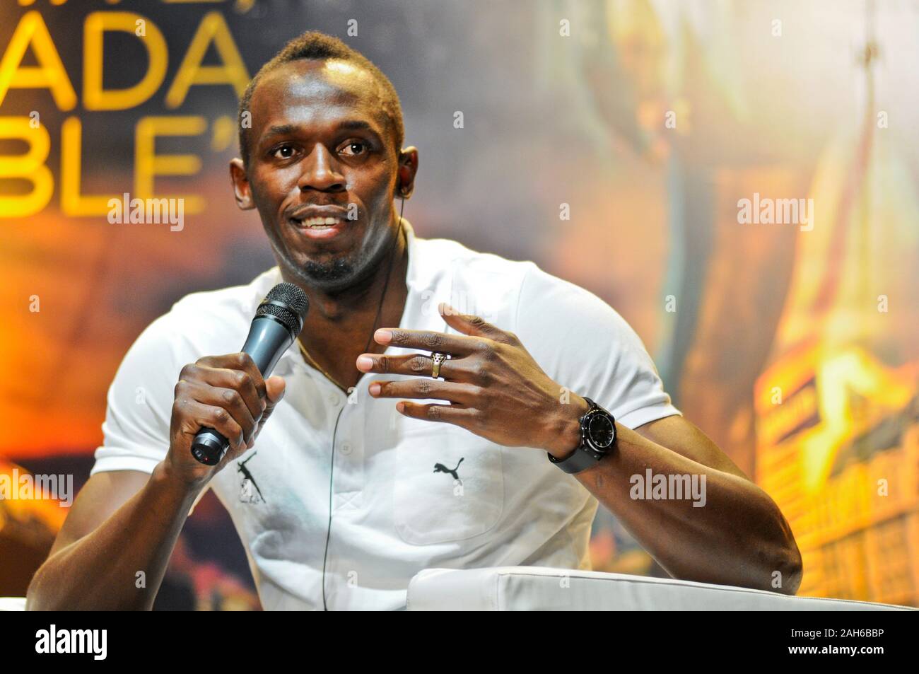Jamaican athletics legend Usain Bolt during a public interview Stock ...