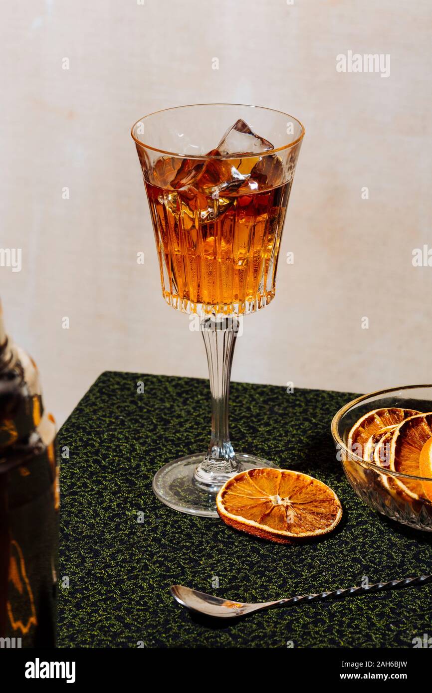 Bitter, ice and charred orange, an italian aperitif Stock Photo - Alamy
