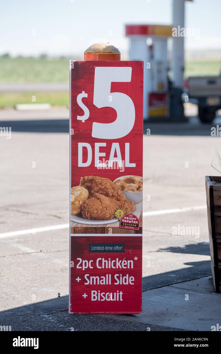 Sign advertising cheap fried chicken meal at a truck stop in Jerome ...