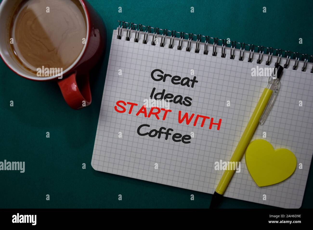Great Ideas Start With Coffee write on a book isolated on Office Desk ...