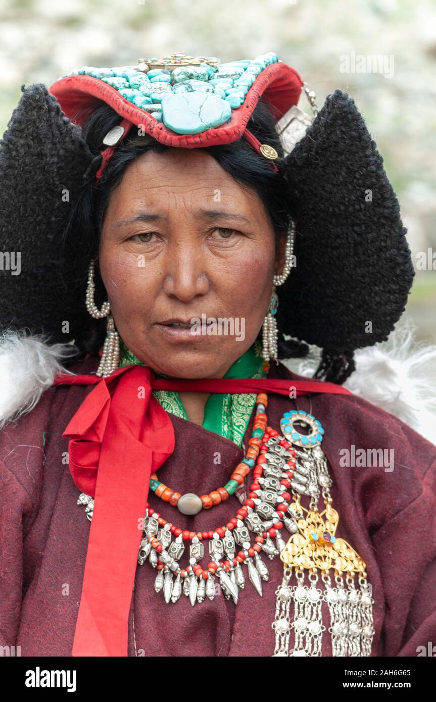 Portrait of a Ladakhi Woman in Traditional Attire during Ladakhi ...