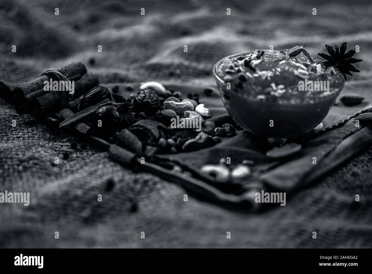 Famous mango preservation i.e. Murba or Murabba in a glass bowl on jute ...