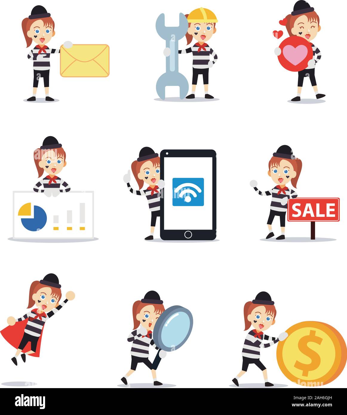 Set of woman character as a mime in comedy performer Stock Vector Image ...