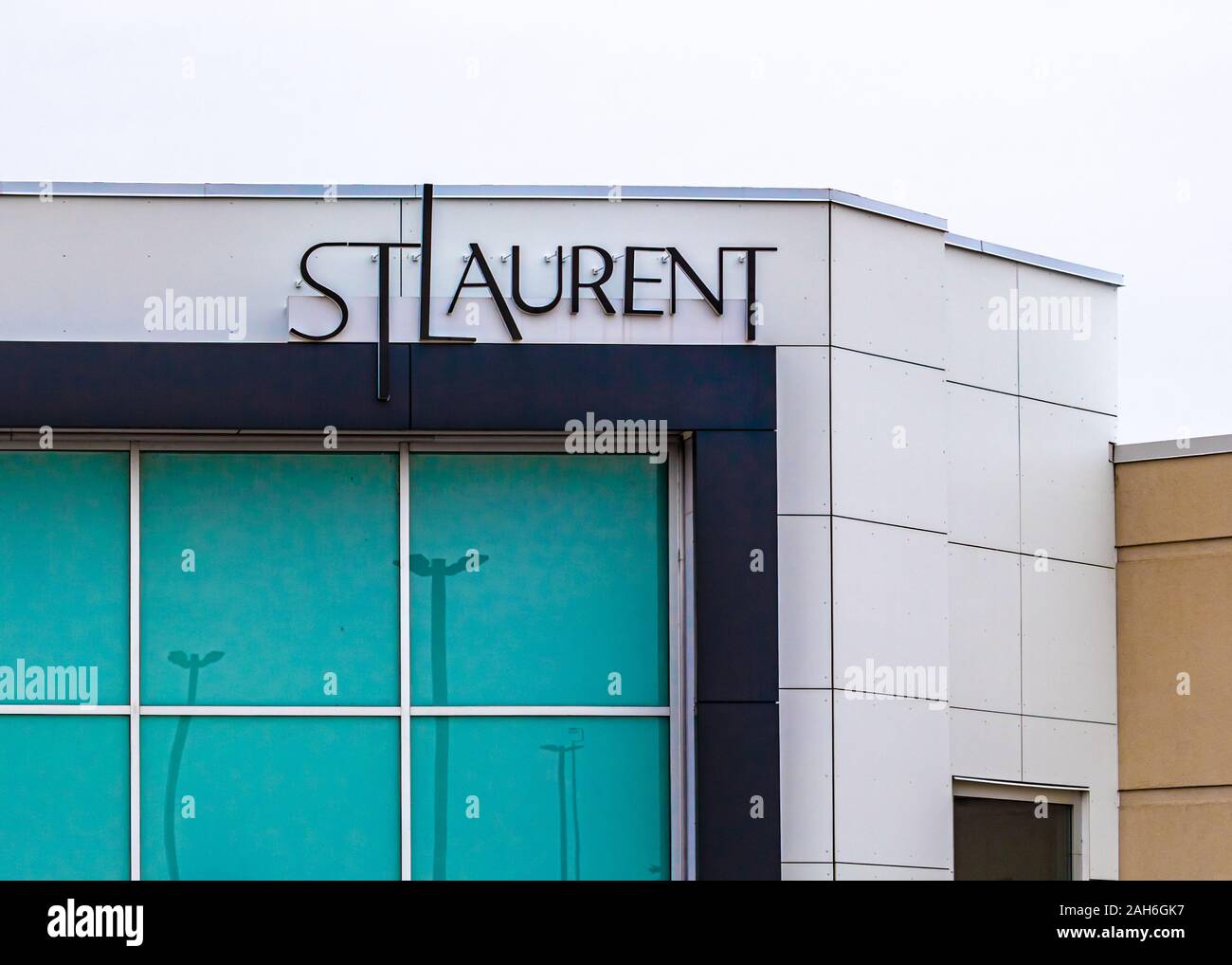 Signage bearing the logo of the St. Laurent Shopping Centre hangs on ...