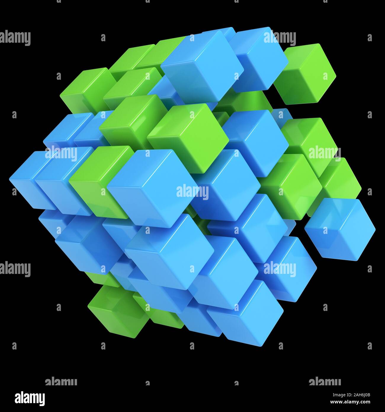 3D green and blue cubes render on black background - business concept ...