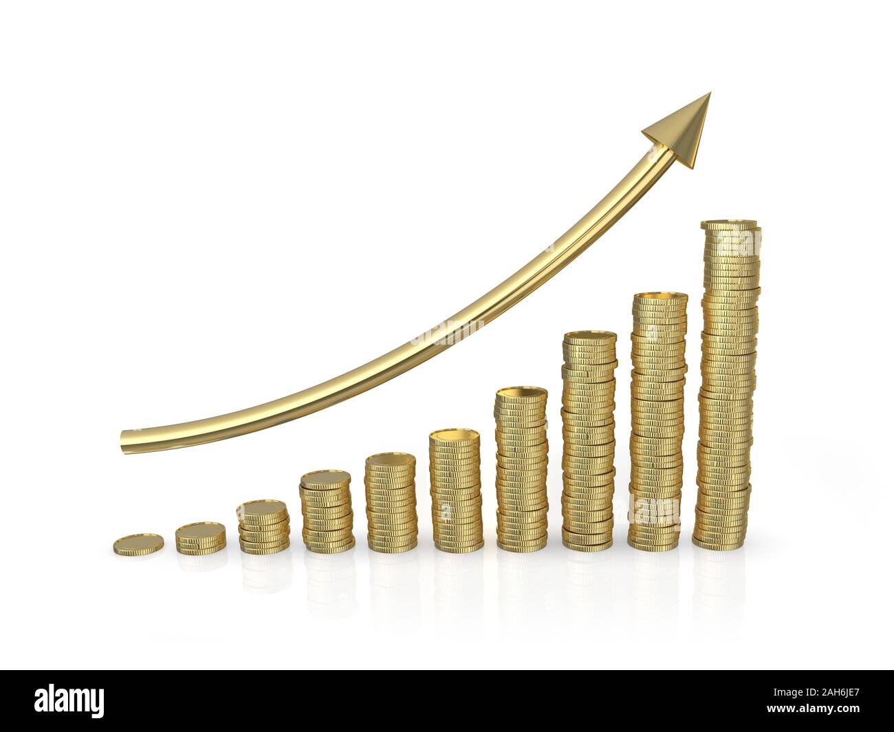 Golden coins graph with growth arrow - isolated Stock Photo - Alamy