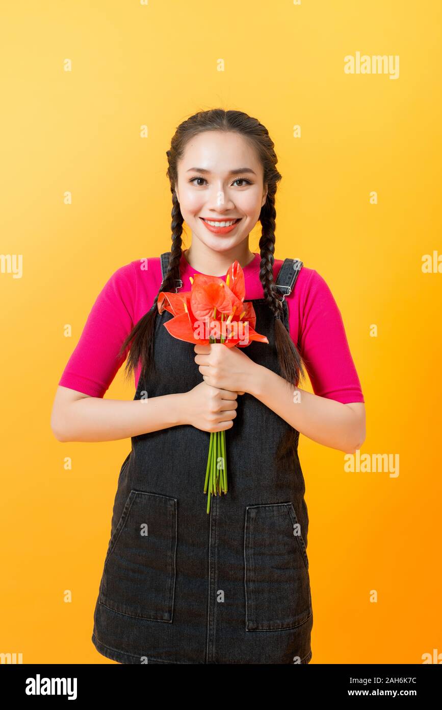 Beauty woman Asian cute girl feel happy holding bouquet of flowers on ...