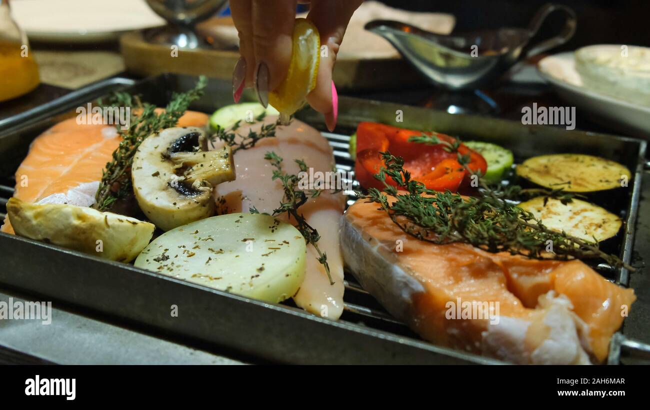 Grilled fish, grilled salmon steak, chicken, aromatic spices and ...
