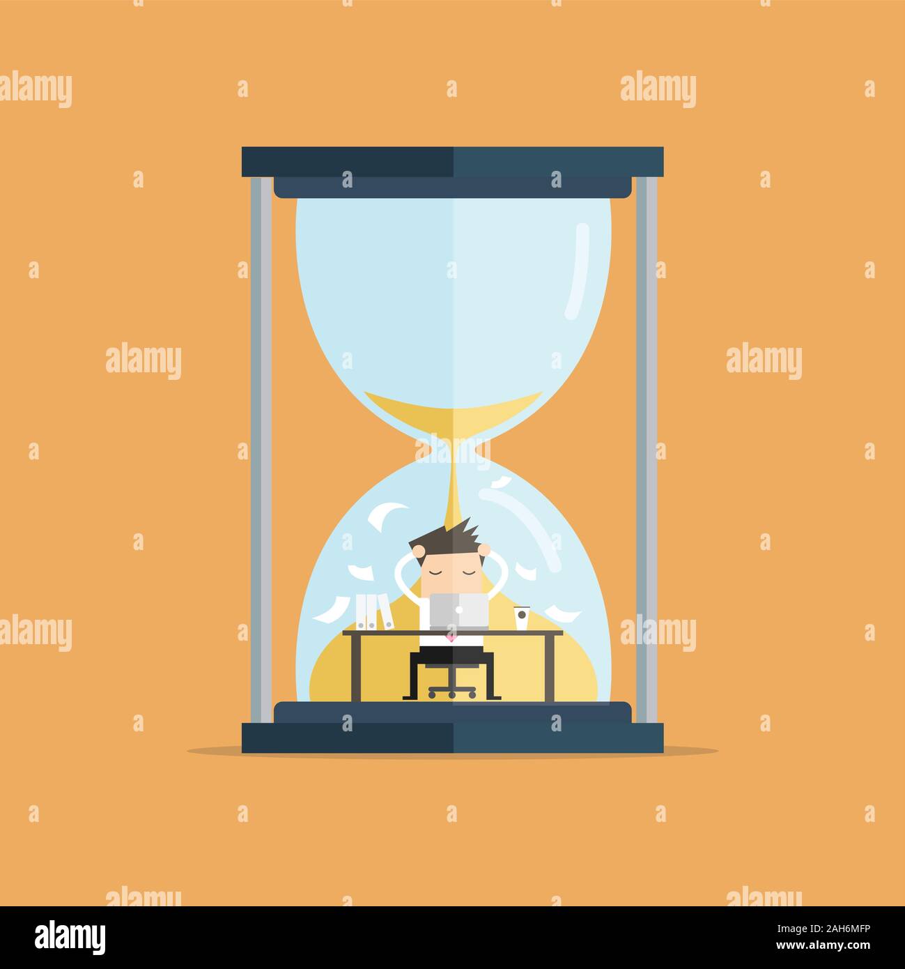 Businessman work hard at computer over big sand watch deadline concept ...