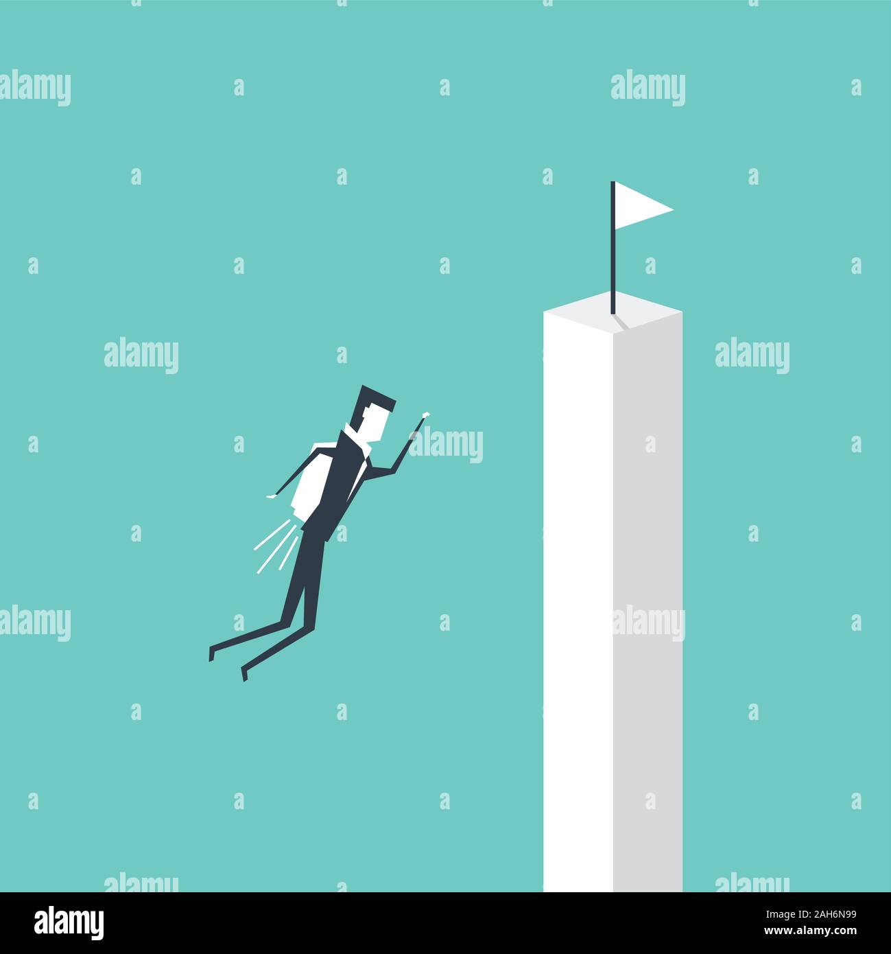 Businessman flying to white flag on cliff, business vision concept ...