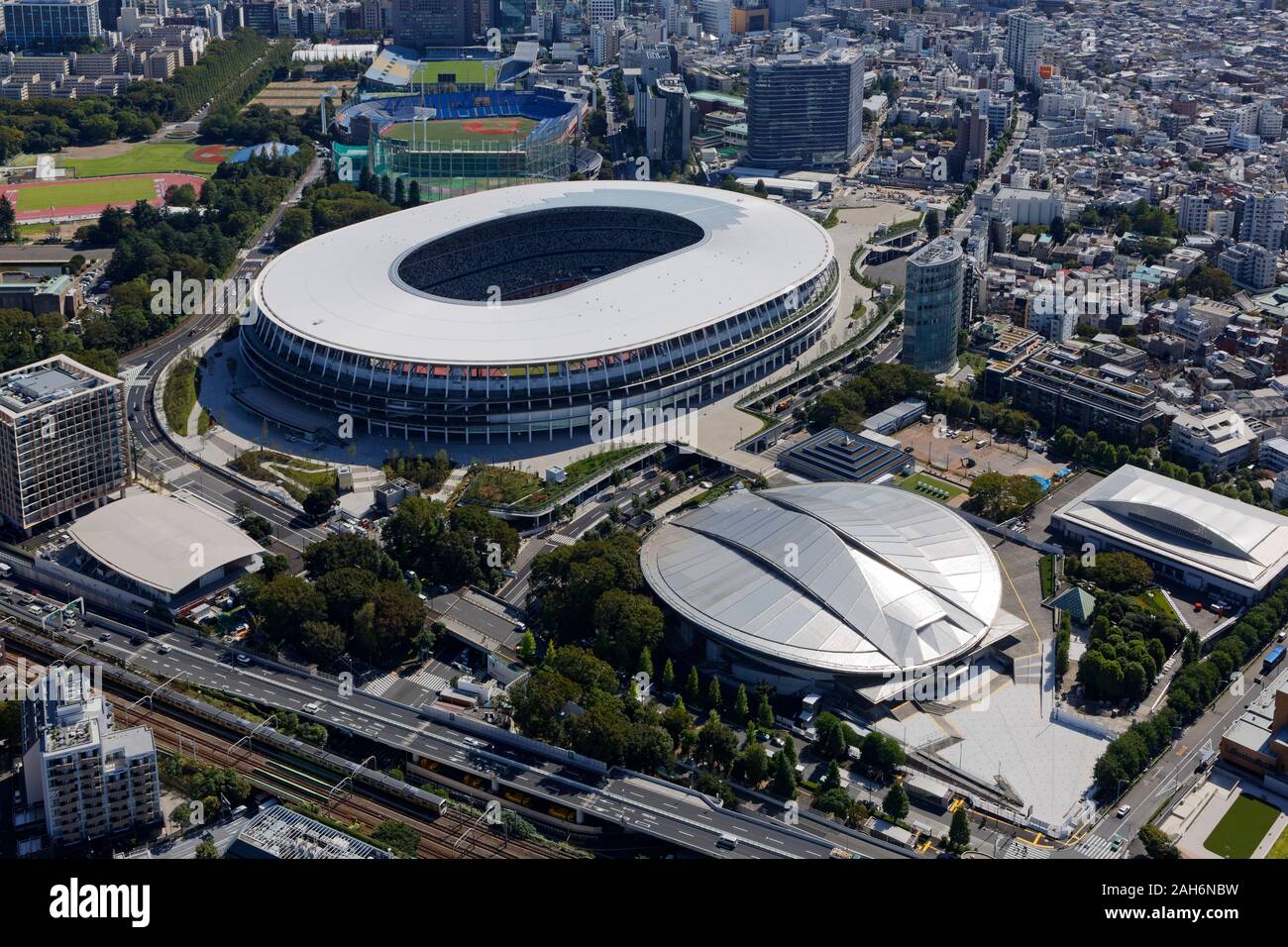 An aerial view of the New National Stadium under construction in Tokyo ...