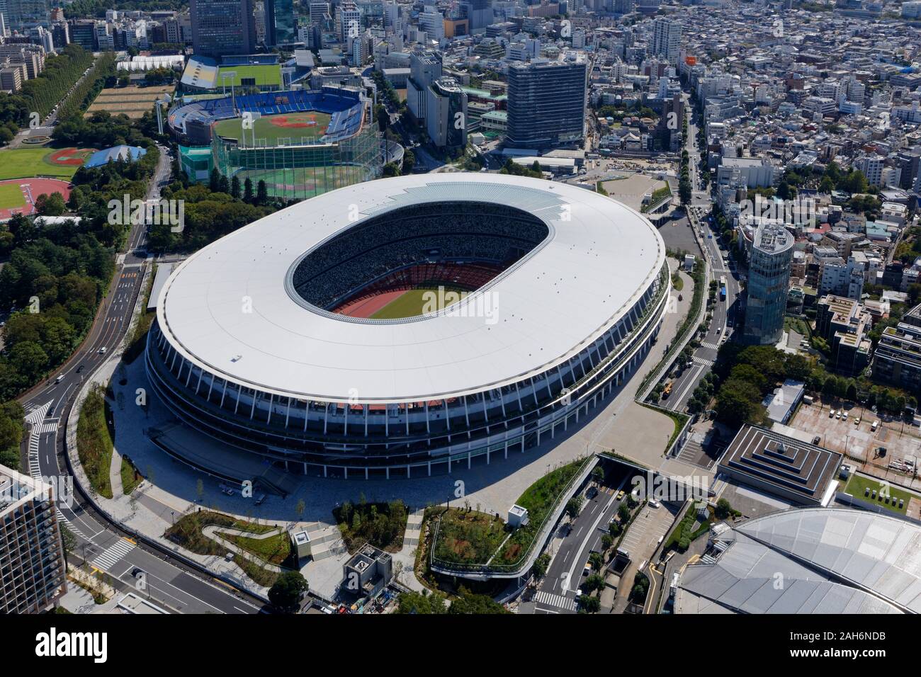 An aerial view of the New National Stadium under construction in Tokyo ...