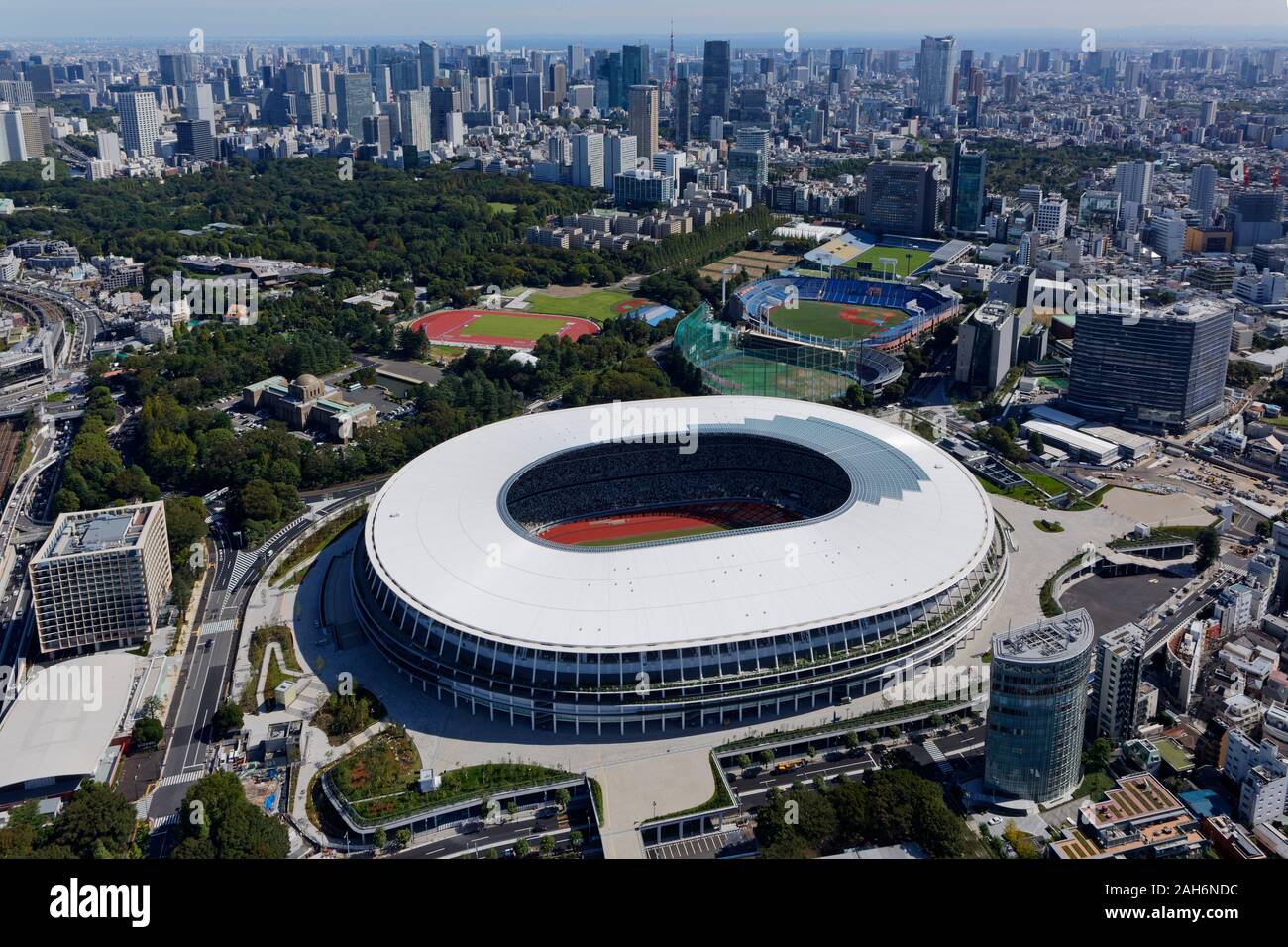 An aerial view of the New National Stadium under construction in Tokyo ...