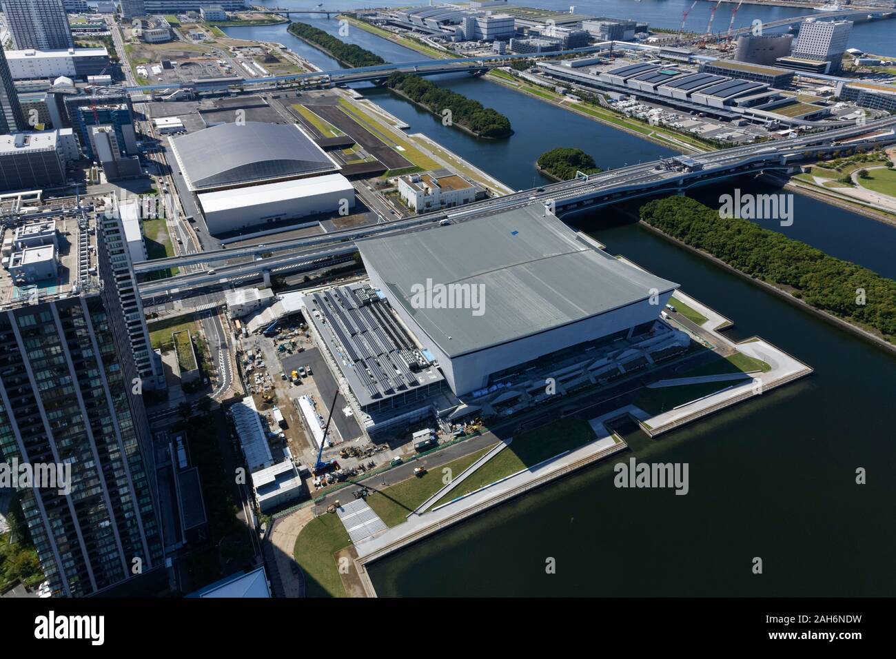 An aerial view of the Ariake Gymnastics Centre and Ariake Arena in ...