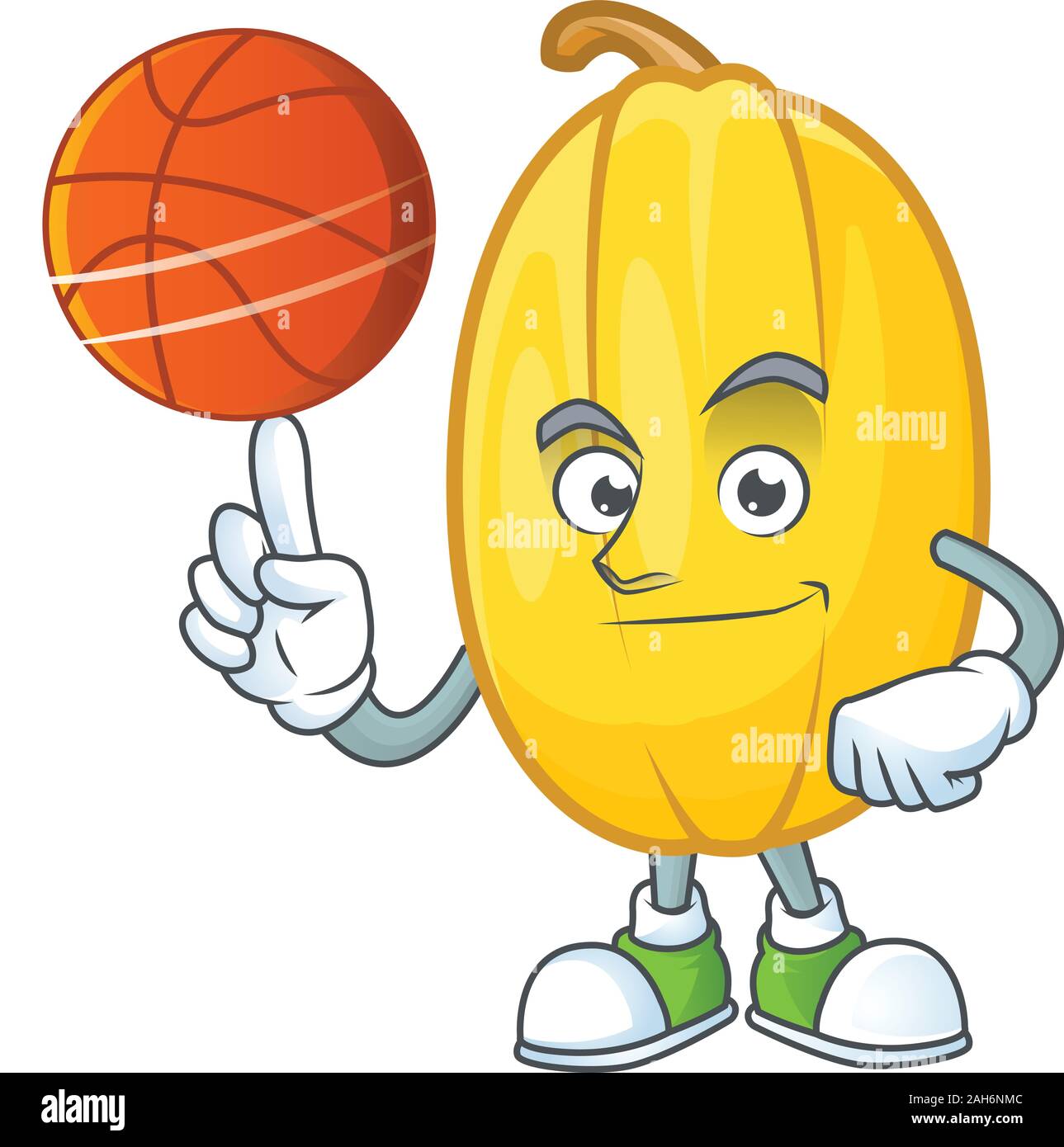 Happy face spaghetti squash cartoon character playing basketball Stock ...