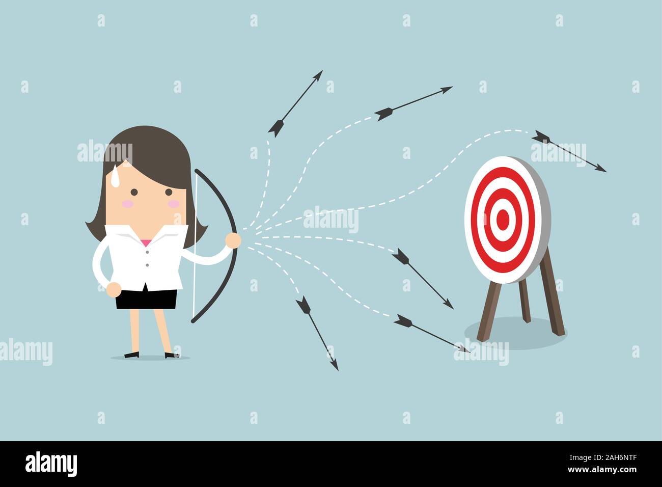 Businesswoman can not hit target with a bow and arrow. vector Stock ...