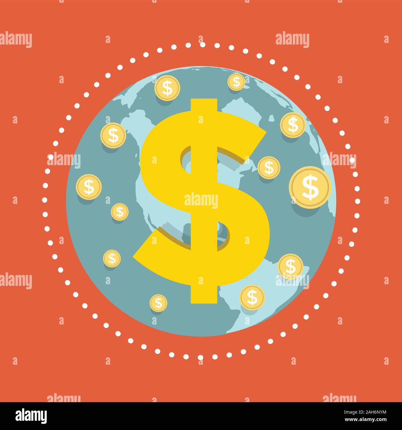 Globe and dollar sign. Flat illustration of globe and dollar coin ...